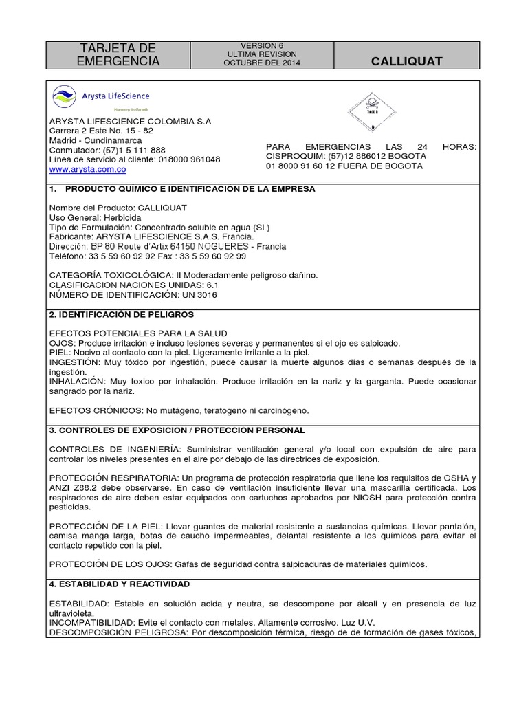 CALLIQUAT - Tarjeta de Emergencia | PDF | Descomposición | Agua