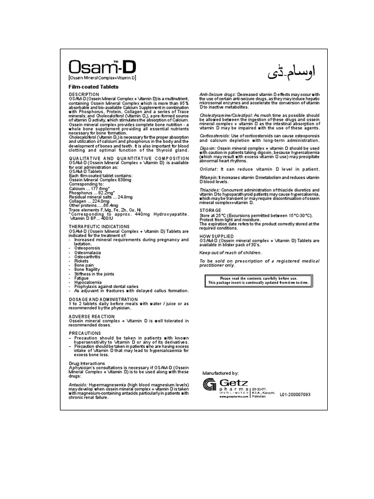 Osam D Tab Leaflet Pakistan PDF | PDF | Vitamin D | Vitamin