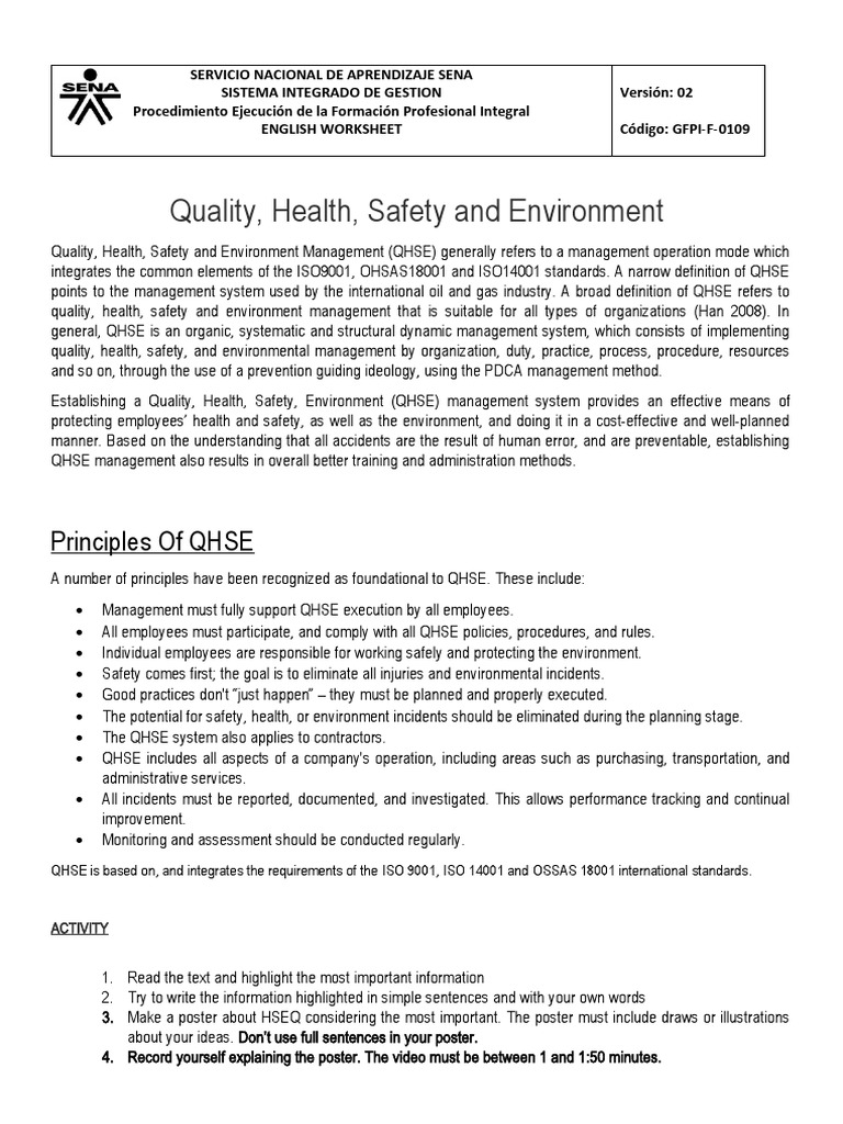 Quality, Health, Safety and Environment: Principles of QHSE | PDF ...
