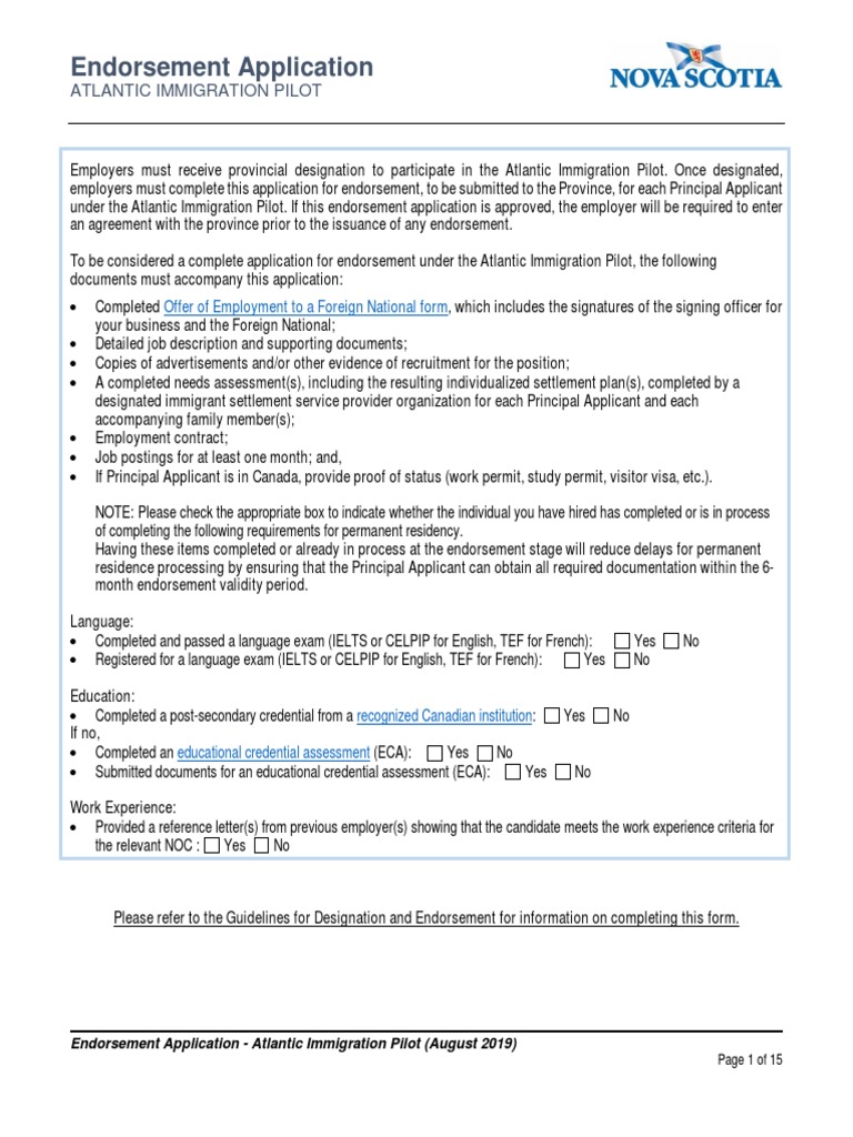 Endorsement Application: Atlantic Immigration Pilot | PDF | Regulatory ...