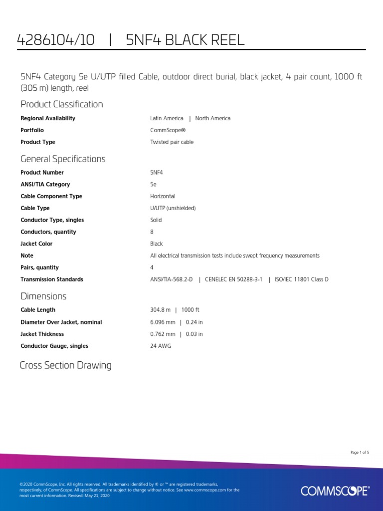 DATA SHEET CABLE Commscope Cat5E 5NF4 4286104 - 10 | PDF | Electrical Components | Force
