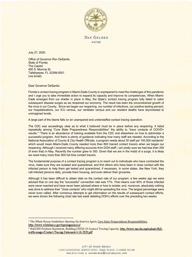 Mayor Gelber Letter To Gov. DeSantis | PDF | Miami Dade County | Centers For Disease Control And ...