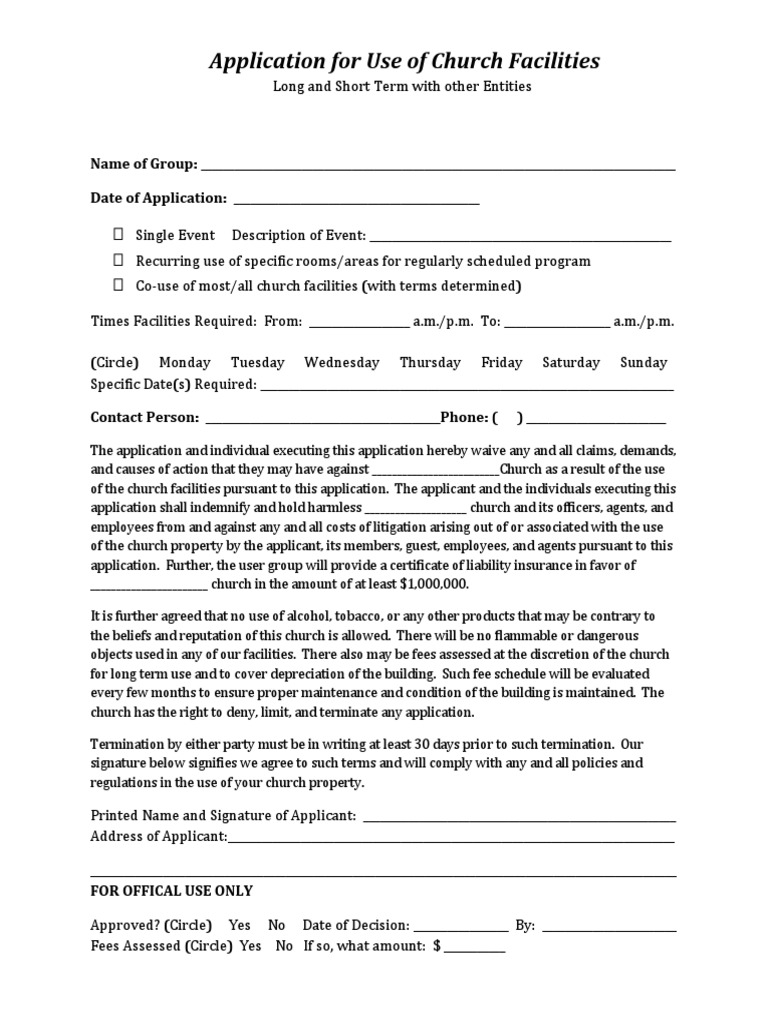 Application For Use of Church Facilities | PDF | Indemnity | Business Law