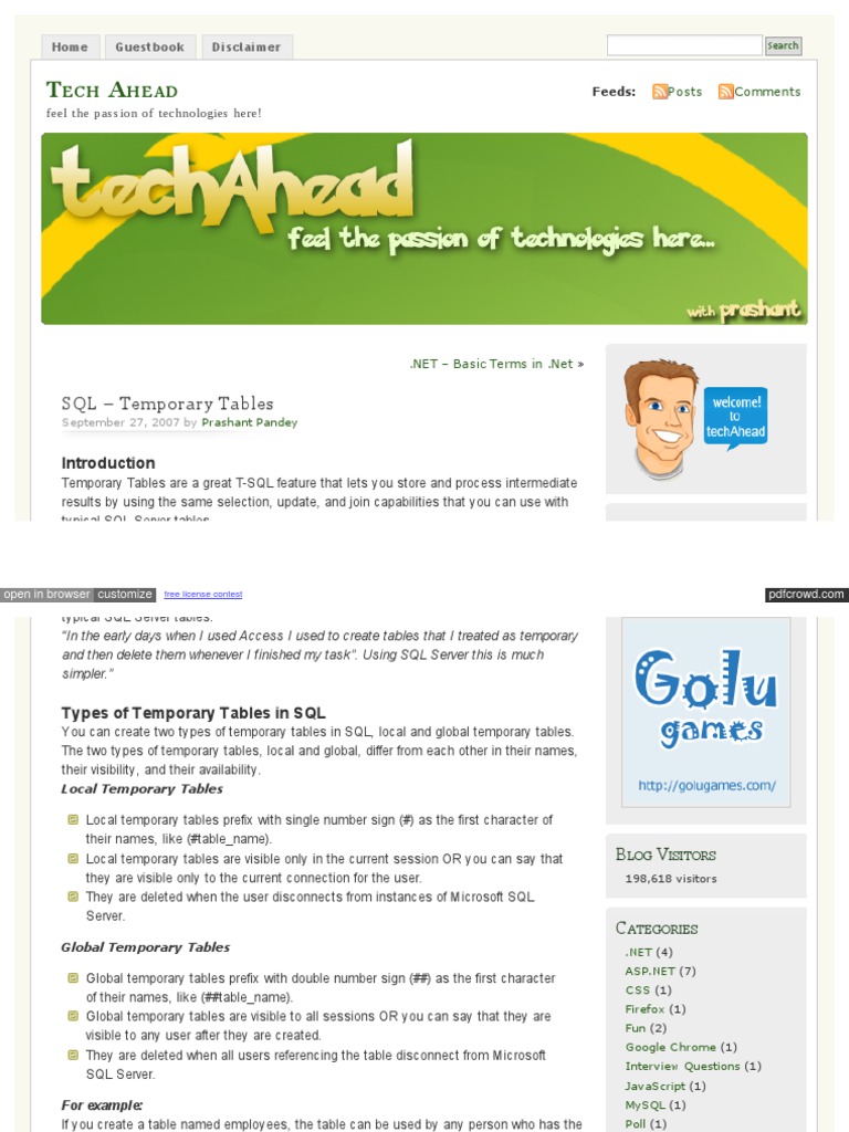 Sql Server Temporary Tables Pdf Microsoft Sql Server Database Index