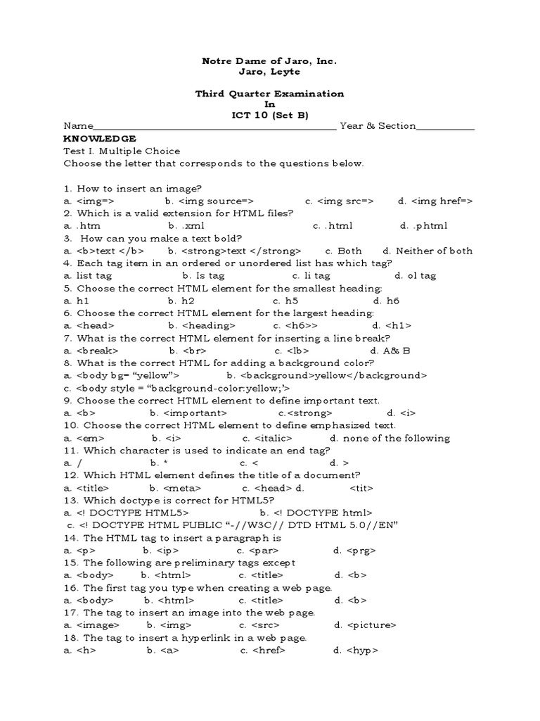 Exam Grade 10 | PDF | Html Element | Html