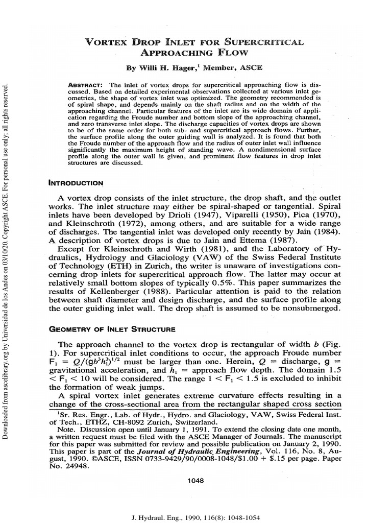Vortex Drop Inlet For Supercritical Approaching Flow-Hager | PDF ...