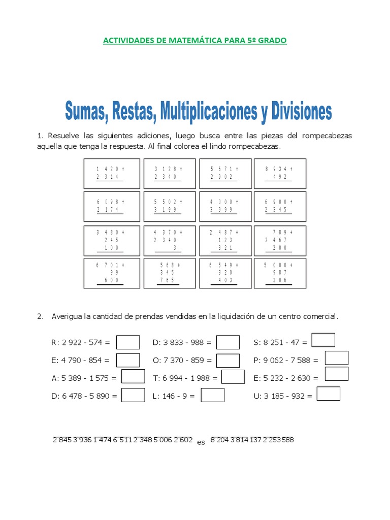 Ficha Sumas Restas Multiplicaciones y Divisiones para Cuarto de ...