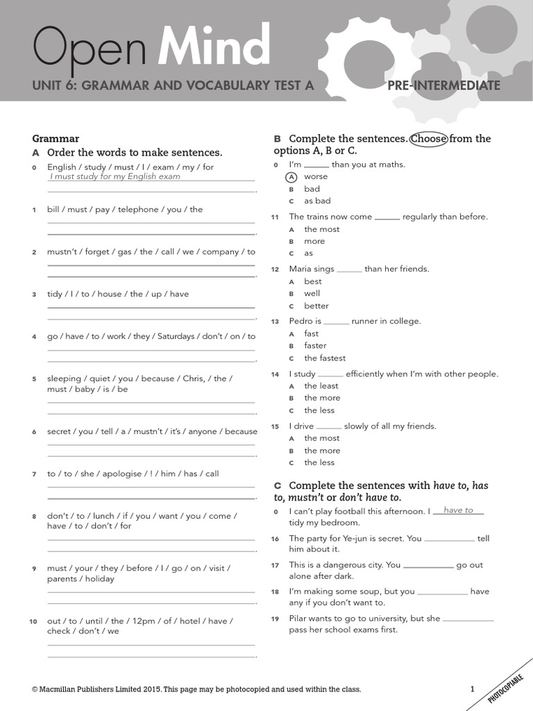 Open Mind Pre-Intermediate Unit 6 Grammar and Vocabulary Test A | PDF ...