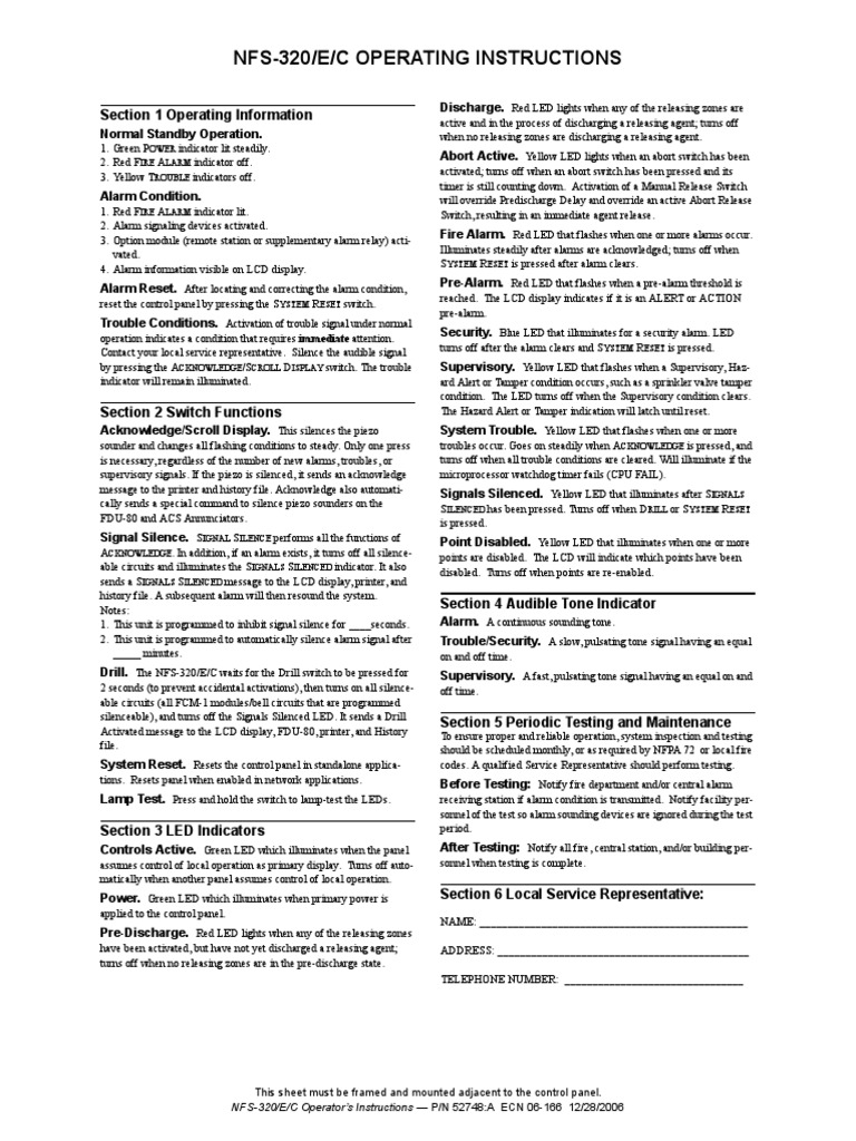 Nfs-320/E/C Operating Instructions | PDF | Light Emitting Diode | Switch