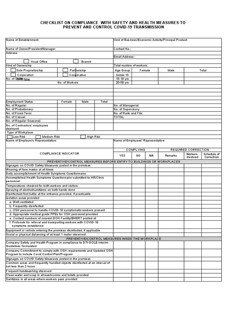 Checklist On Compliance With Safety and Health Measures To Prevent and ...