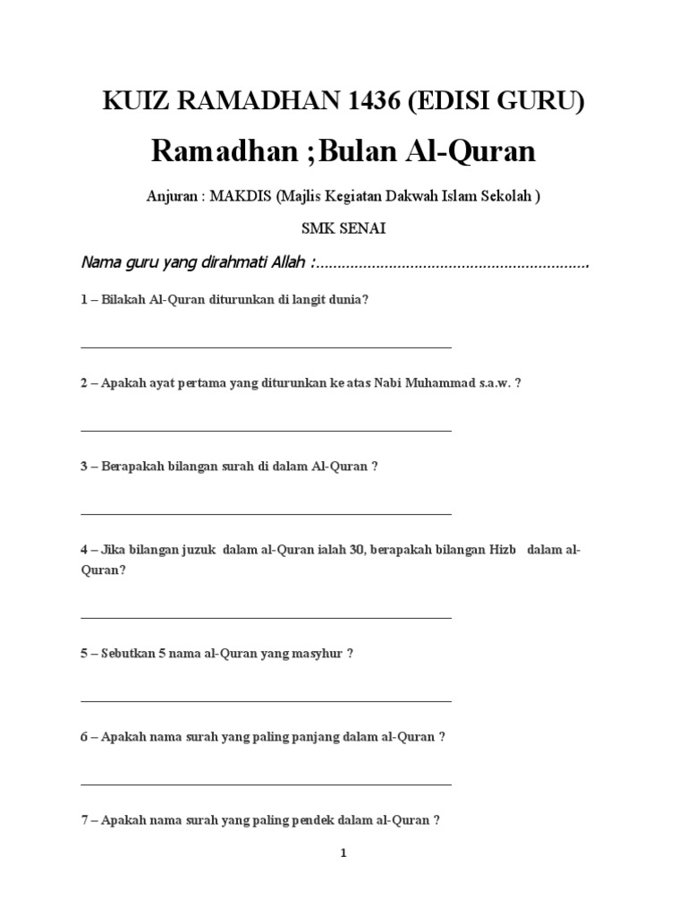 KUIZ RAMADHAN - Edisi Guru | PDF