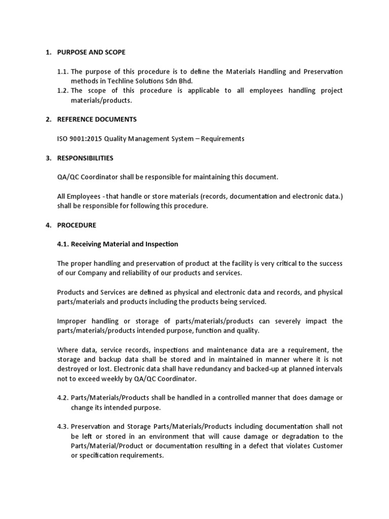 Material Handling and Preservation Procedure | PDF | Quality Assurance ...