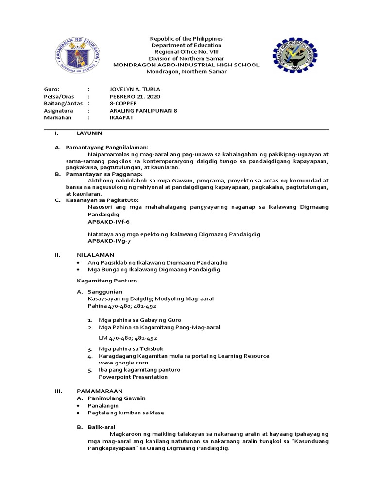Lesson Plan Digmaang Pandaigdig | PDF
