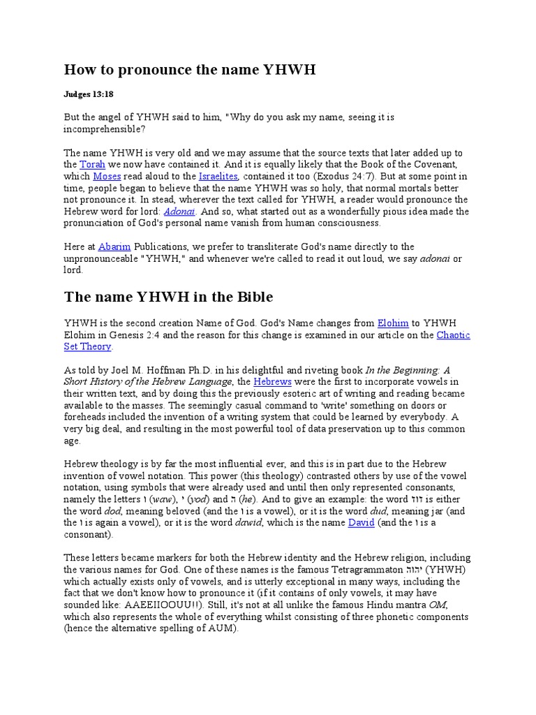 How To Pronounce The Name YHWH: Torah Moses Israelites | PDF ...