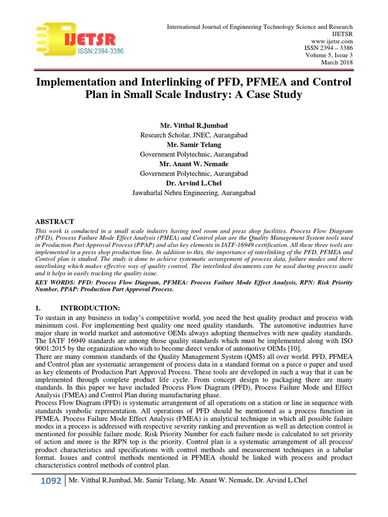 Implementation and Interlinking of PFD, PFMEA and Control Plan in Small Scale Industry: A Case ...