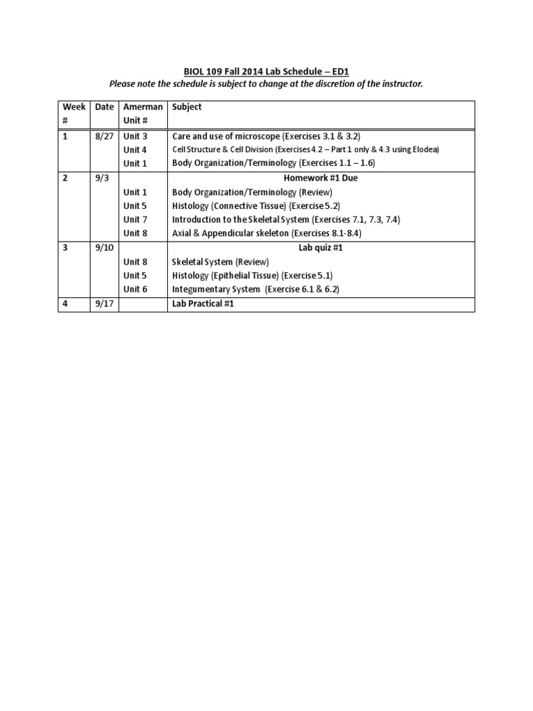 BIOL 109 Fall 2014 Lab Schedule-ED1 | PDF