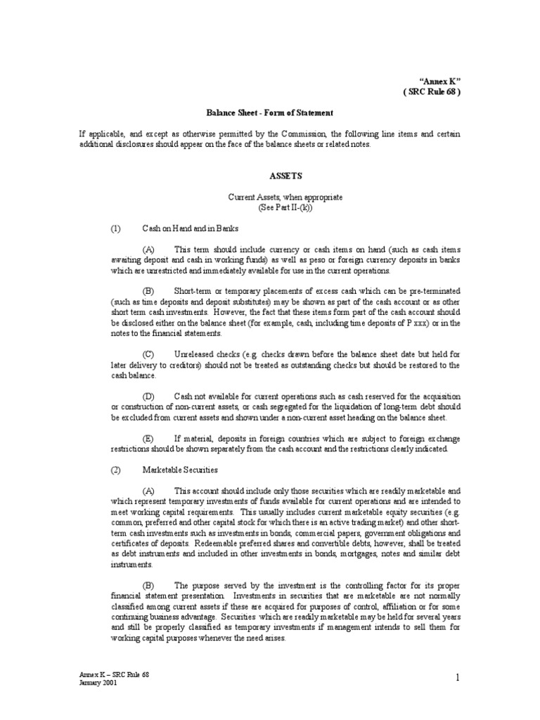 "Annex K" (SRC Rule 68) Balance Sheet - Form of Statement | PDF ...