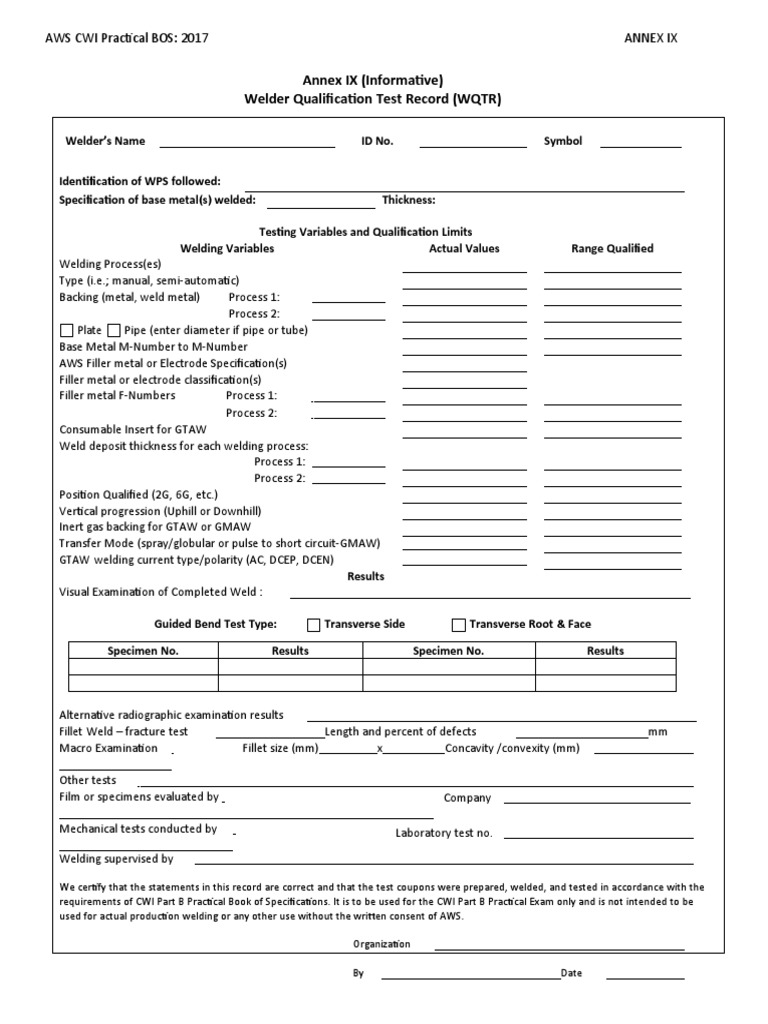 Welder Qualification Test Record (WQTR) Form | PDF | Welding | Construction