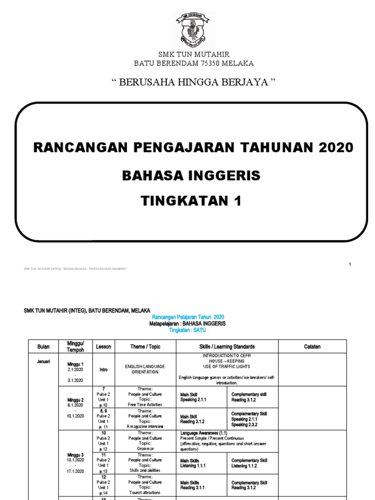 Rancangan Pengajaran Tahunan 2020 Bahasa Inggeris Tingkatan 1 | PDF ...