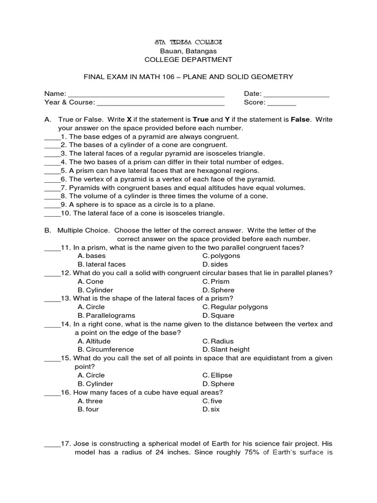 Final Exam in Math 106 Plane and Solid Geometry | PDF | Volume | Sphere