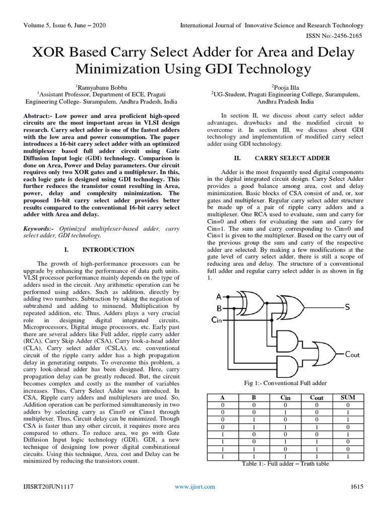 Xor Based Carry Select Adder For Area And Delay Minimization Using Gdi Technology Pdf Pdf
