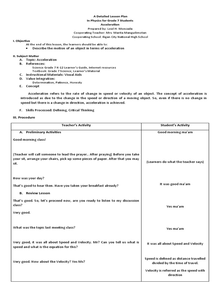 Acceleration Lesson Plan1 | PDF | Speed | Acceleration