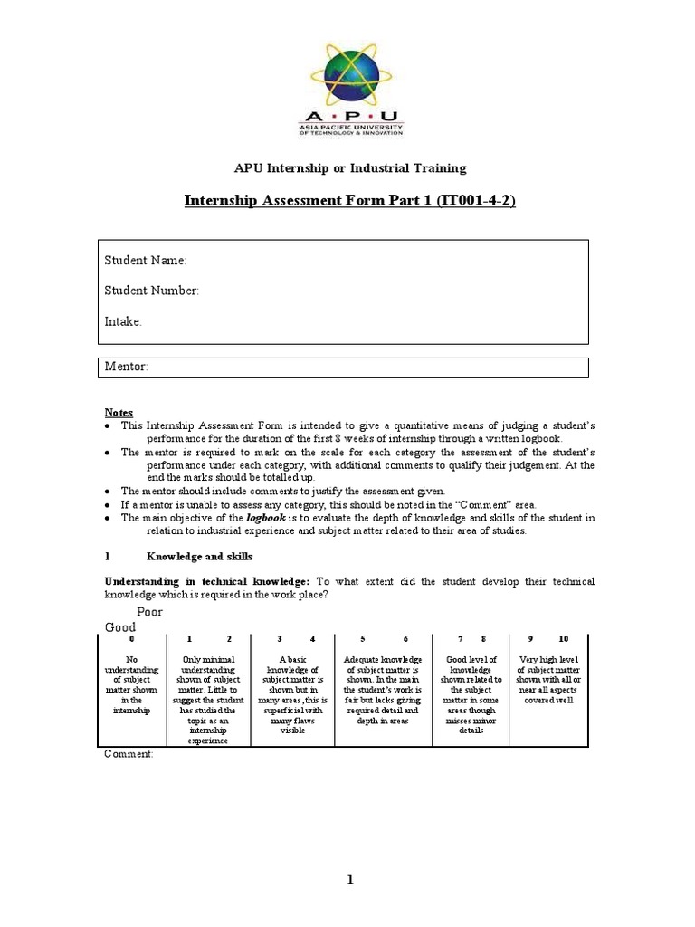 Internship Assessment Form Part 1 (IT001-4-2) : Student Name: Student ...
