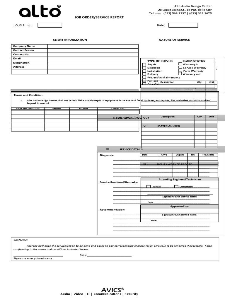 Client Information Nature of Service: Job Order/Service Report | PDF ...