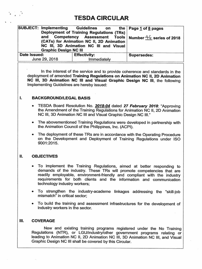 TESDA Circular No. 046-2018 - Animation NC3,2D & 3DAnimation NCIII, VGD ...
