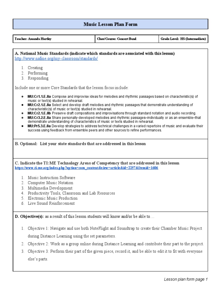 High School Concert Band Lesson Plan | PDF | Lesson Plan | Distance ...