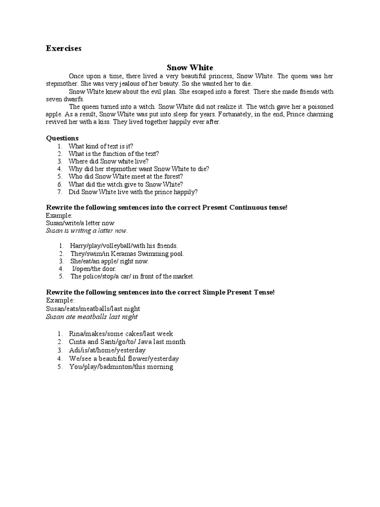 Exercises Snow White: Questions | PDF