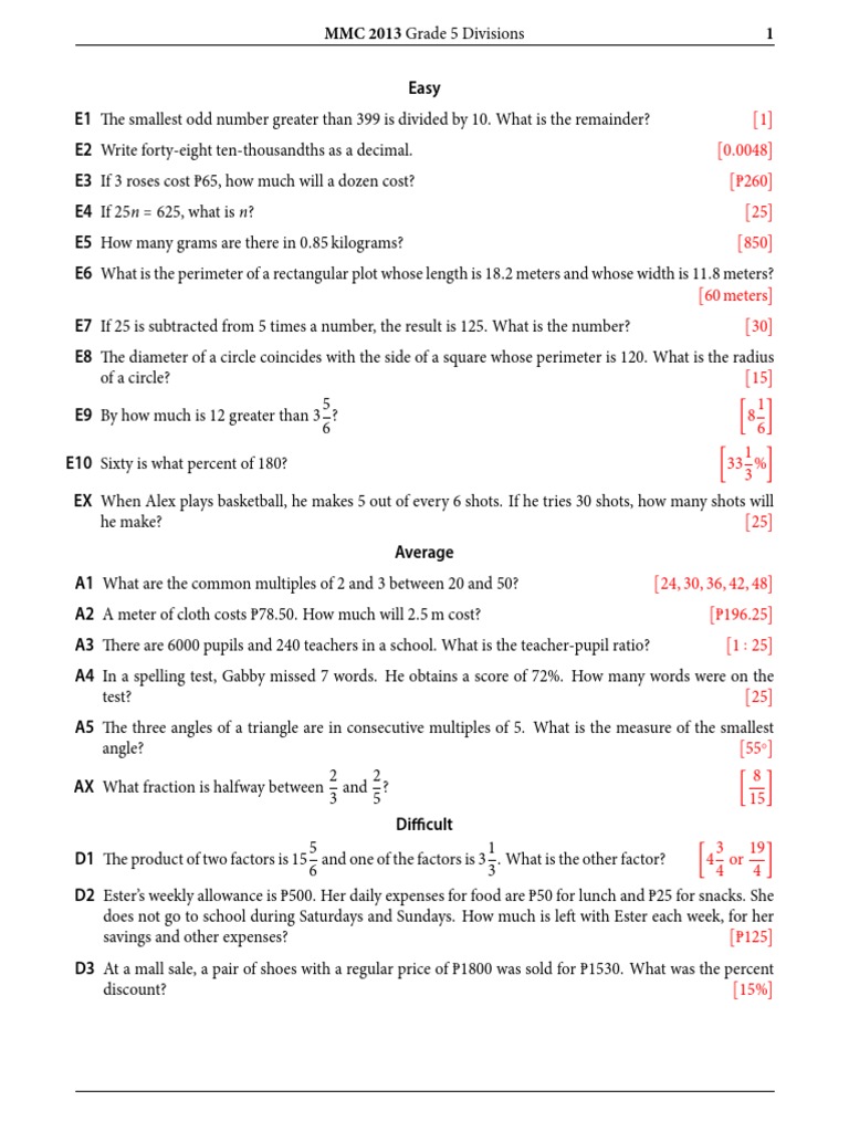 MMC 2013 Gr5 Div | PDF | Elementary Mathematics | Teaching Mathematics