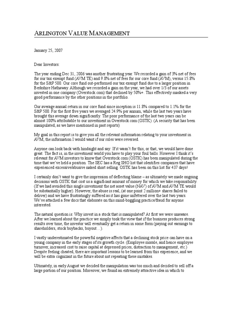 Arlington Value 2006 Annual Shareholder Letter | PDF | Private Equity ...