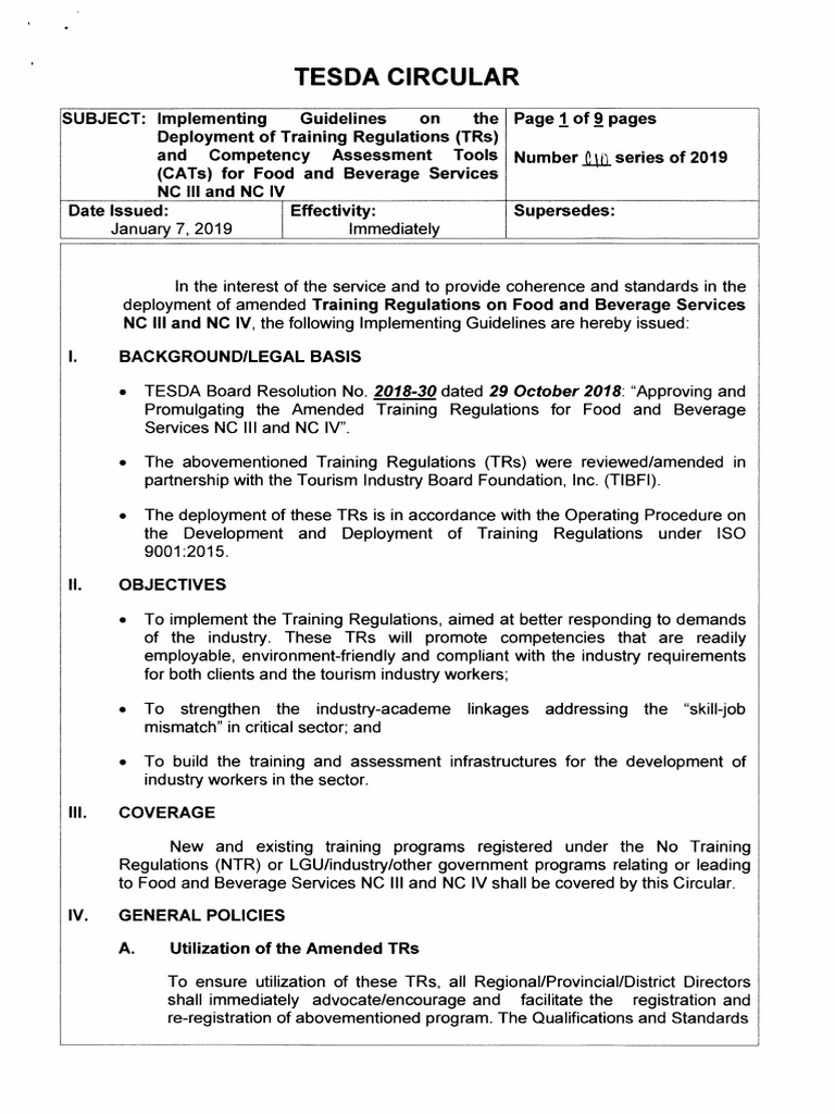 TESDA Circular No. 010-2019 - FBS NC3&4 | PDF | Foodservice ...