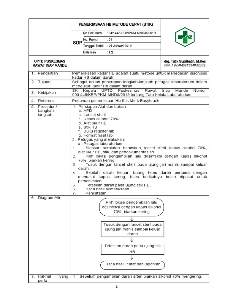 Sop Pemeriksaan Kadar HB Metode Cepat (Stik) | PDF