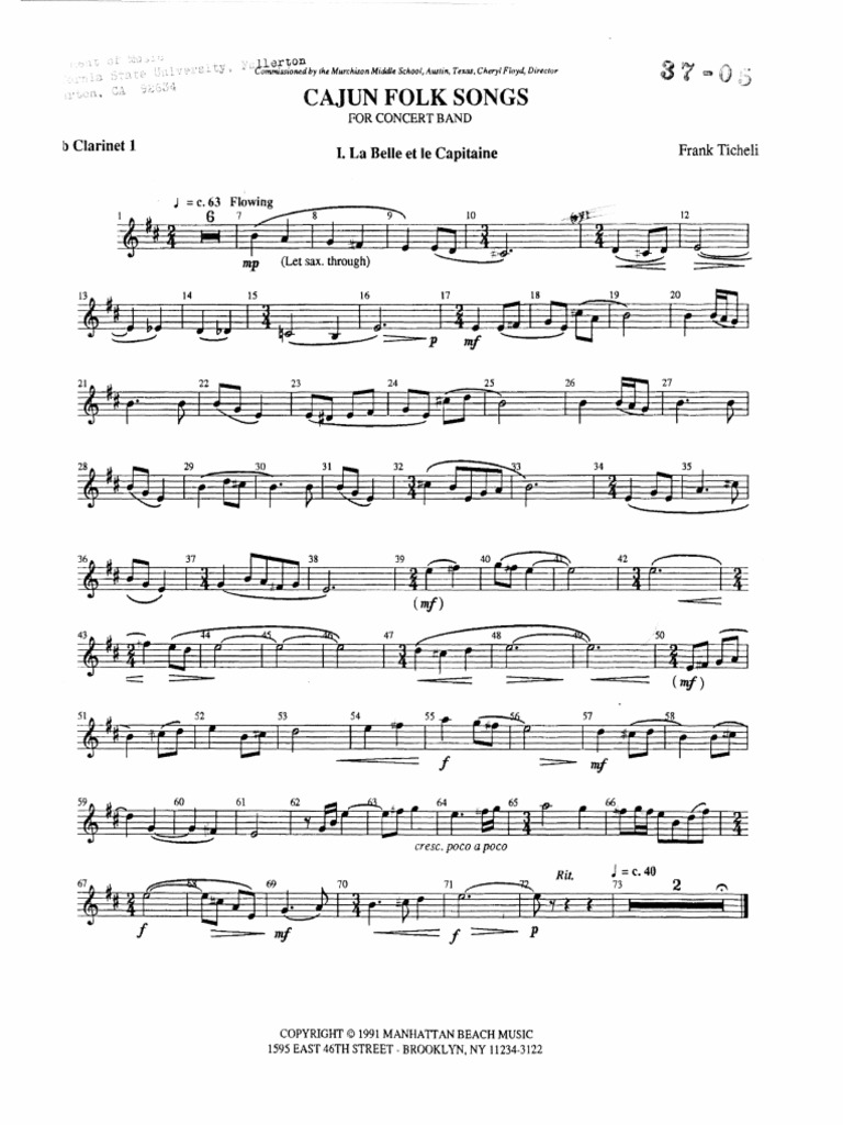 Cajun Folk Songs: 1st Clarinet | PDF