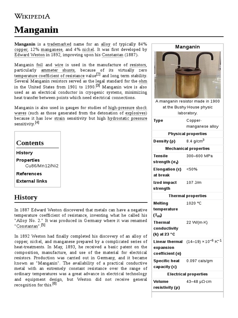 Manganin: Manganin Is A Trademarked Name For An Alloy of Typically 84% ...