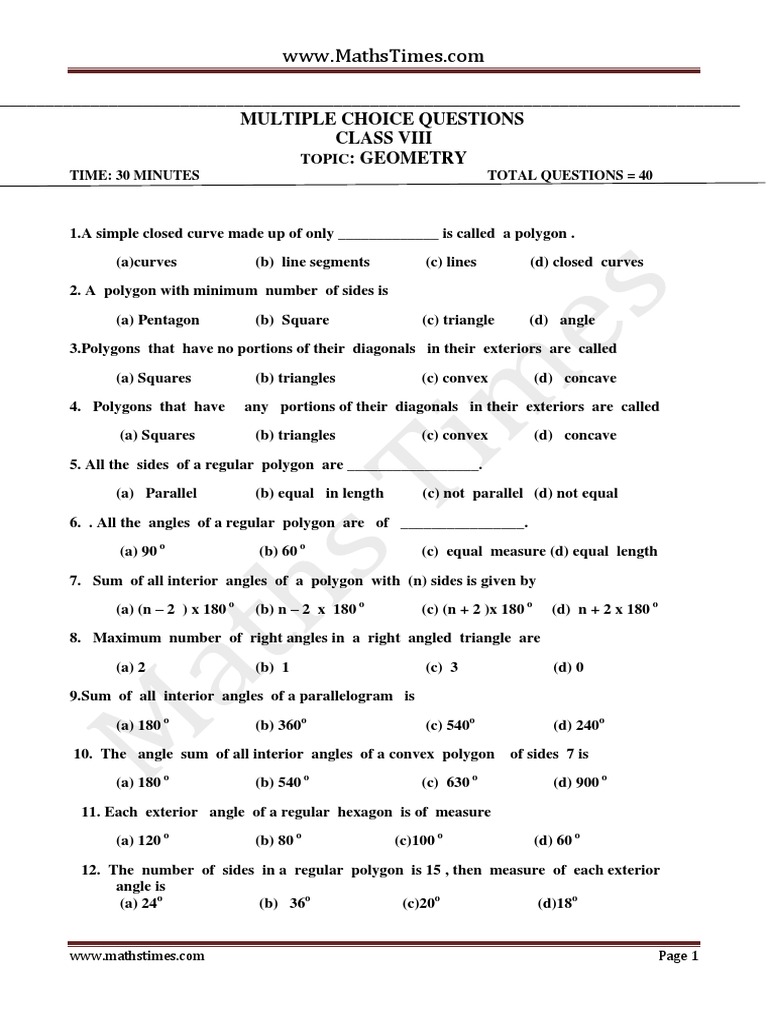 Multiple Choice Questions Class Viii: Geometry | PDF | Area | Euclid