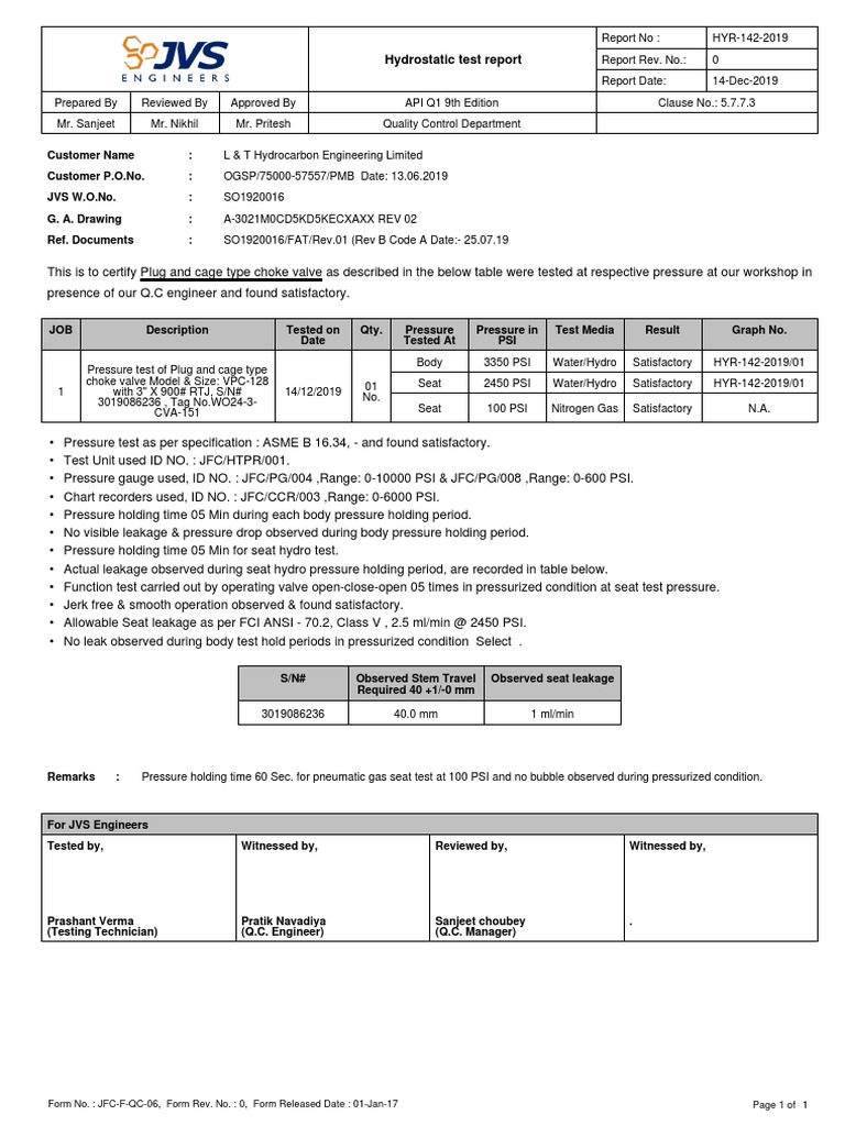 Hydrostatic Test Report: Form No.: JFC-F-QC-06, Form Rev. No.: 0, Form ...