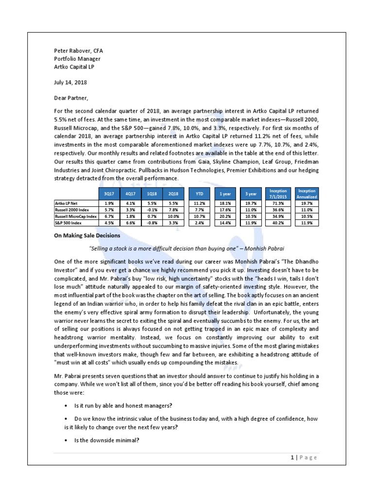 Artko Capital Q2 2018 Performance Review | PDF | Stock Market Index ...