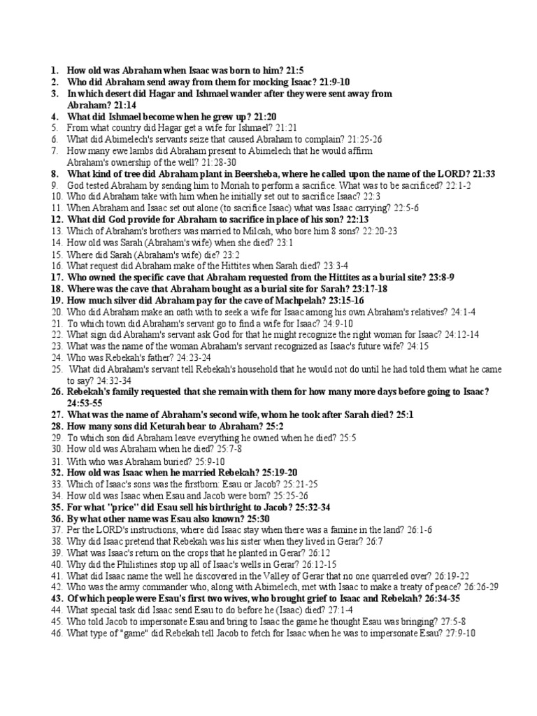 Genesis Bible Quiz | Download Free PDF | Rebecca | Jacob