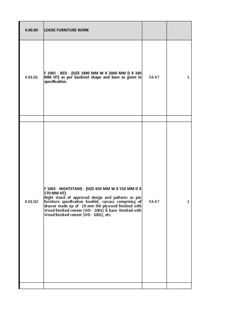 Loose Furniture Room BOQ | PDF | Furniture | Architectural Elements
