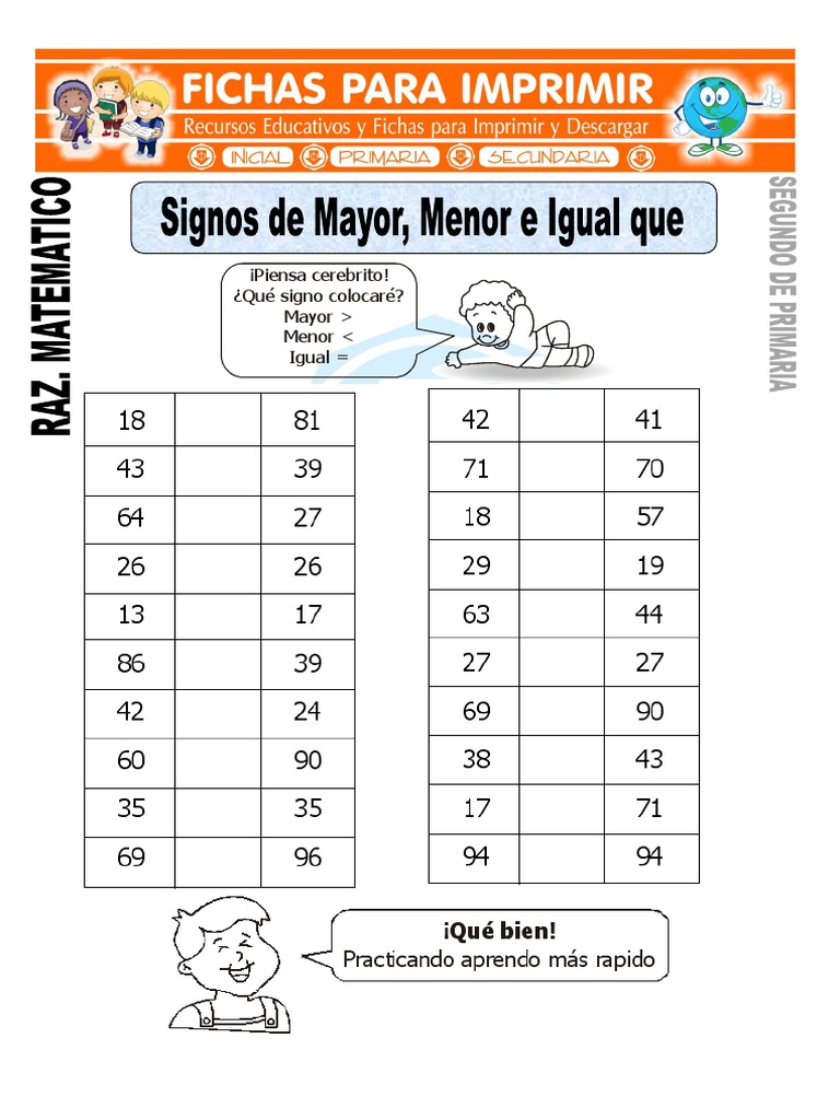 Mayor Que Menor Que Fichas Para Nios Con Signos Menor Y Mayor
