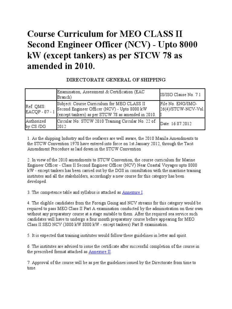 Course Curriculum For MEO CLASS II Second Engineer Officer | PDF ...