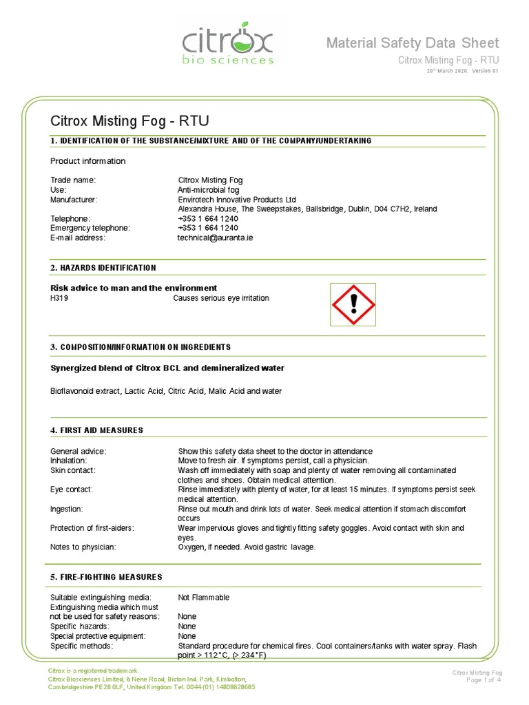 MSDS Citrox Misting Fog Ver 01 RTU | PDF | Dangerous Goods | Personal ...