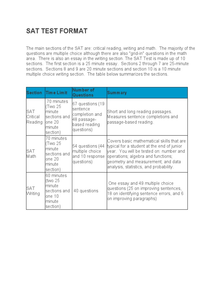 Sat Test Format: Section Time Limit Number of Questions | PDF