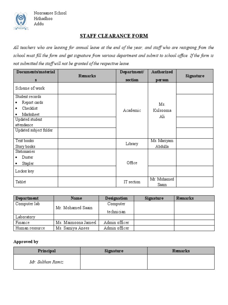 Staff Clearance Form: Documents/material S Remarks Department/ Section ...