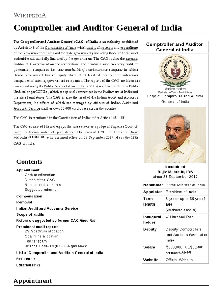 Comptroller and Auditor General of India | PDF | Politics Of India ...