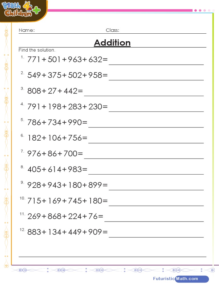 Addition of 4 Numbers Worksheet | PDF
