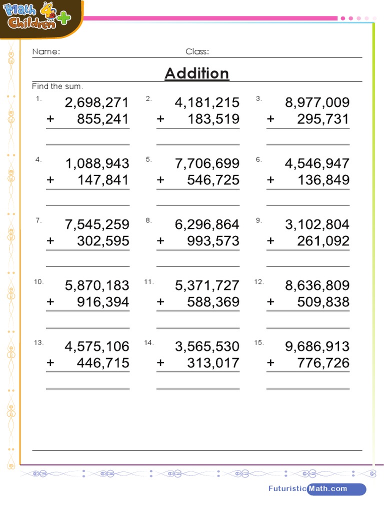 Addition Up To Millions Worksheet PDF | PDF